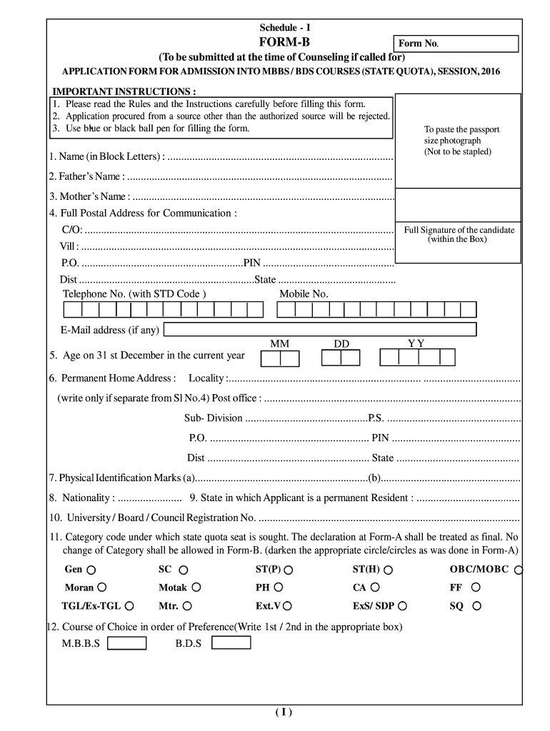 Fillable Online Annexure C Form B (Counselling Form for MBBS/BDS ...