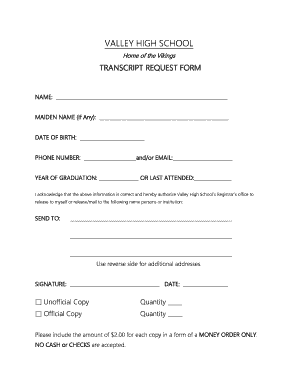 Fillable Online Transcript Request - Valley High School Fax Email Print ...