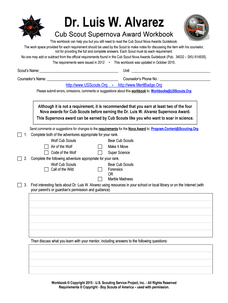 Fillable Online Supernova Awards for Cub ScoutsBoy Scouts of America ...