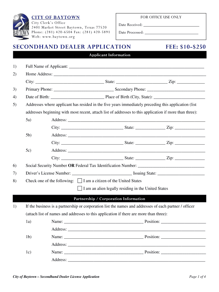Fillable Online secondhand dealer application fee: $10-$250 - Baytown ...