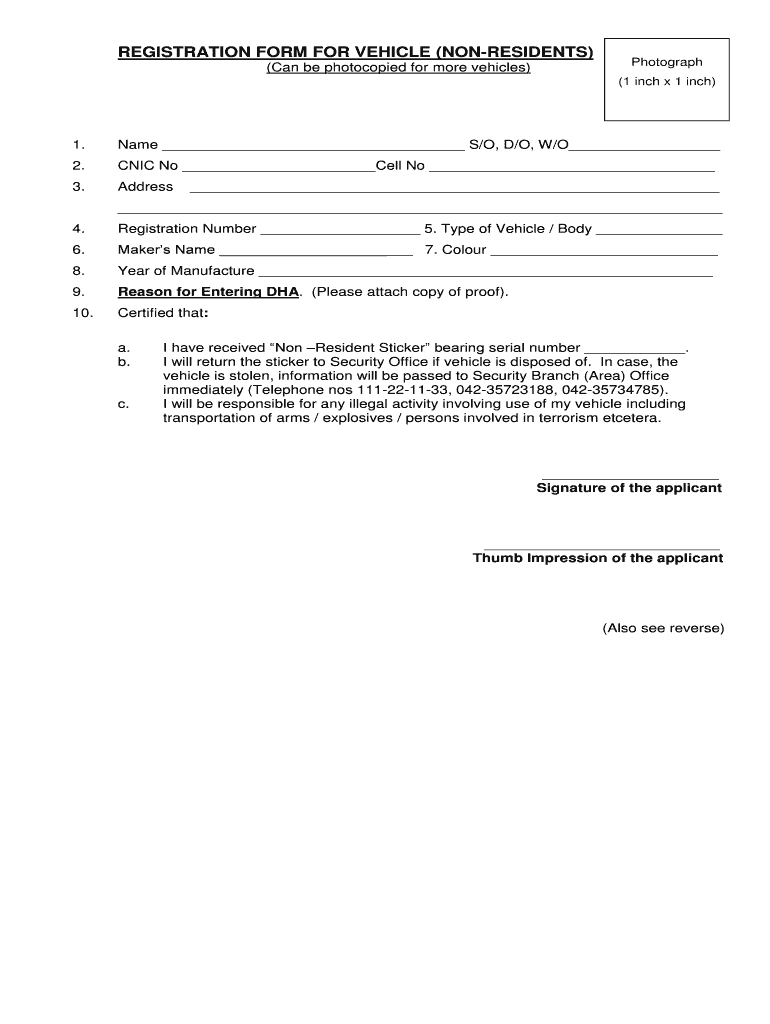 Fillable Online Vehicle Registration Form for Non Residents - DHA ...