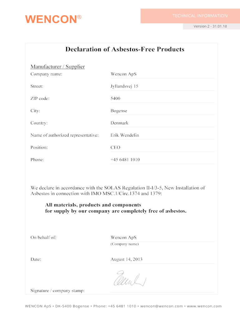 Fillable Online Declaration of Asbestos-Free Products - Wencon Fax ...