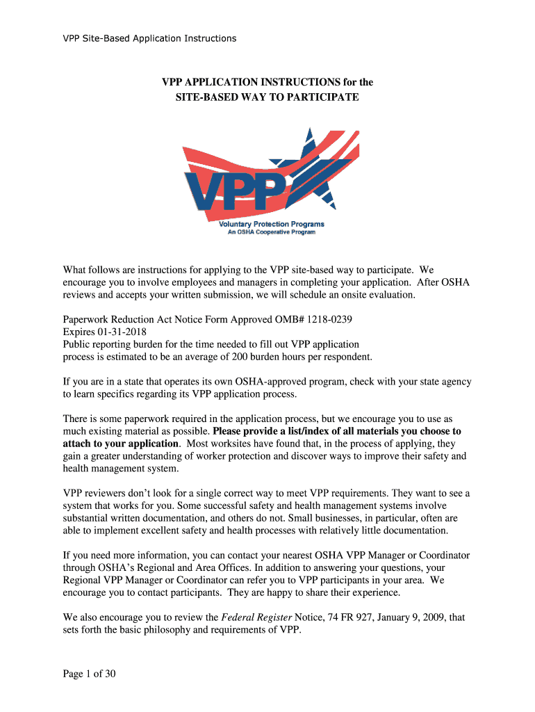 Fillable Online VPP APPLICATION INSTRUCTIONS for the SITE-BASED WAY TO ...