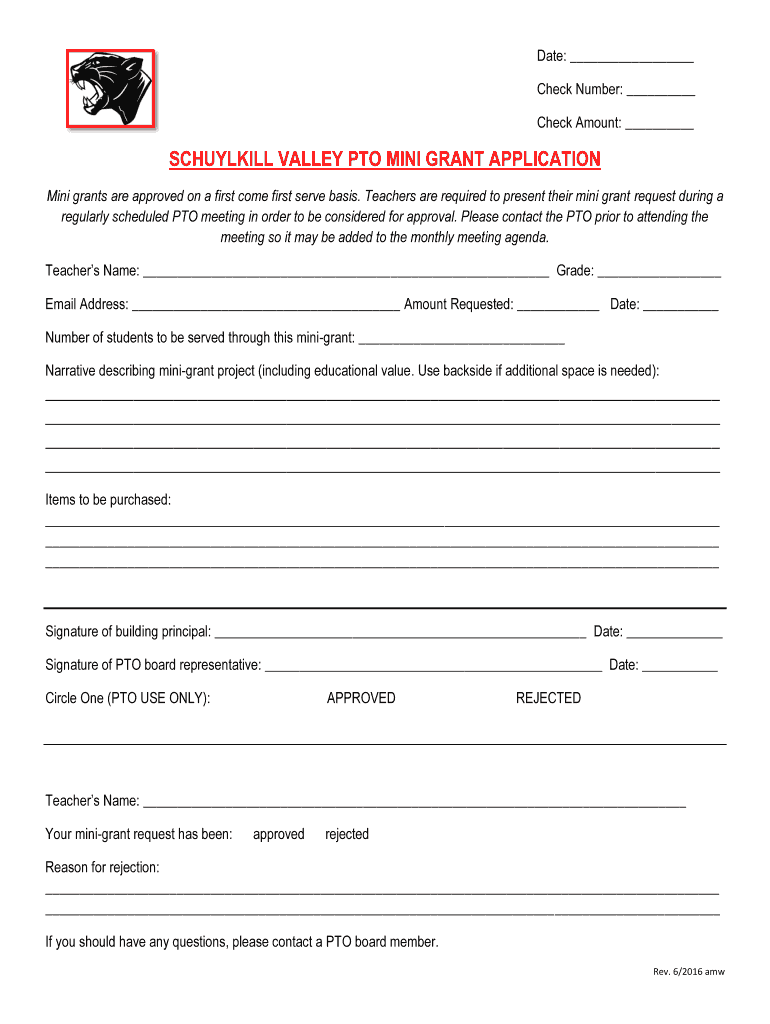 Fillable Online SCHUYLKILL VALLEY PTO MINI GRANT APPLICATION Fax Email ...