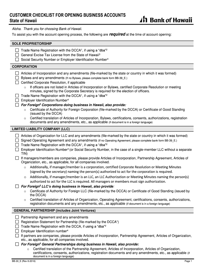 Fillable Online Boh Business Checking Checklist Bb 39 E - Fill Online ...