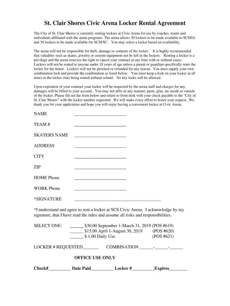 Fillable Online Clair Shores Civic Arena Locker Rental Agreement Fax ...