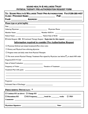 Fillable Online PHYSICAL THERAPY PRE-AUTHORIZATION REQUEST FORM Fax Email Print - pdfFiller