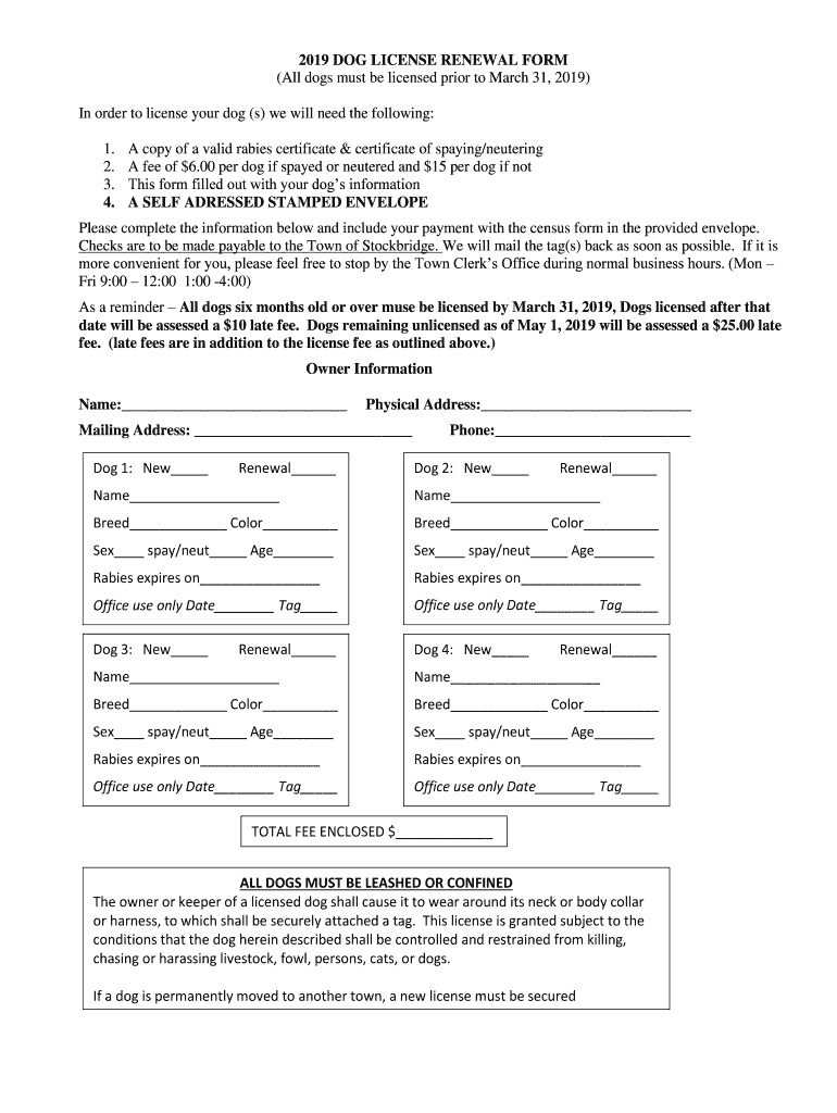 Fillable Online 2019 DOG LICENSE RENEWAL FORM (All dogs must be ... Fax ...