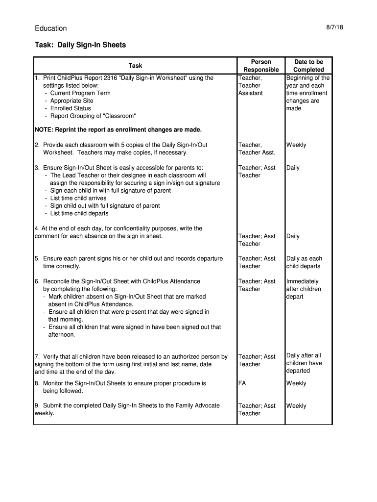 Fillable Online Education Task: Daily Sign-In Sheets Fax Email Print ...