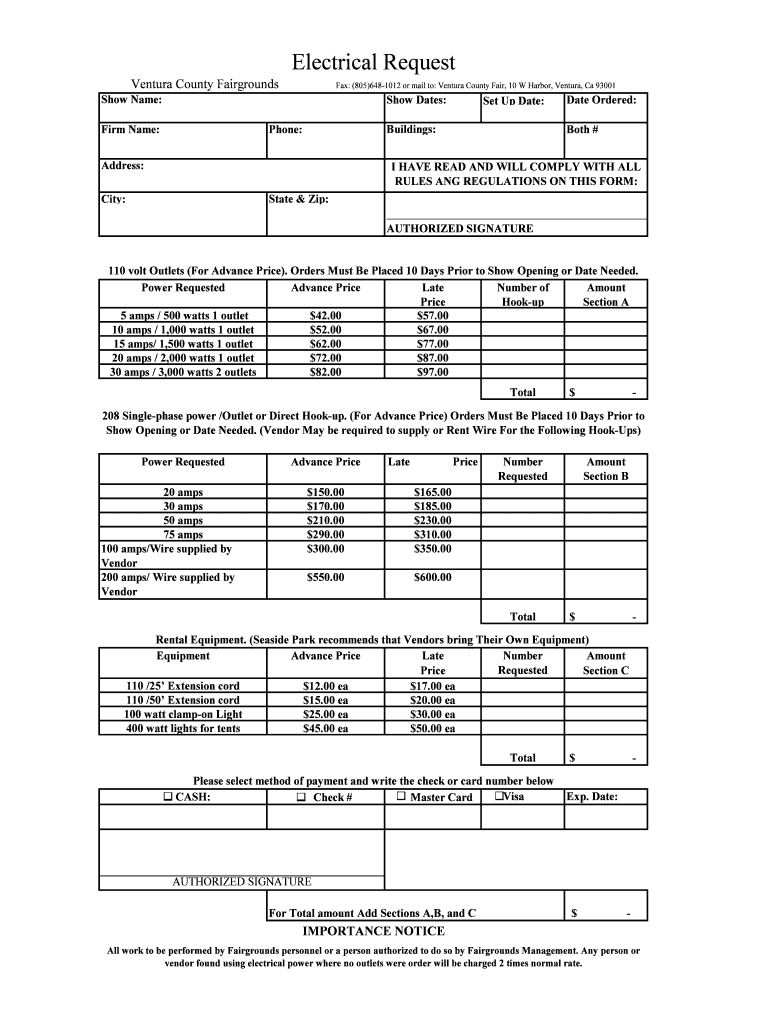 Fillable Online Ventura Fairgrounds Electric Order Form.xlsx Fax Email ...
