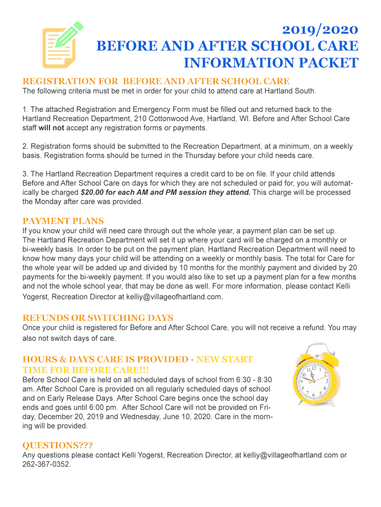 Fillable Online 2019/2020 before and after school care information ...