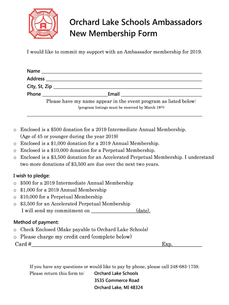 Fillable Online Orchard Lake Schools Ambassadors New Membership Form ...