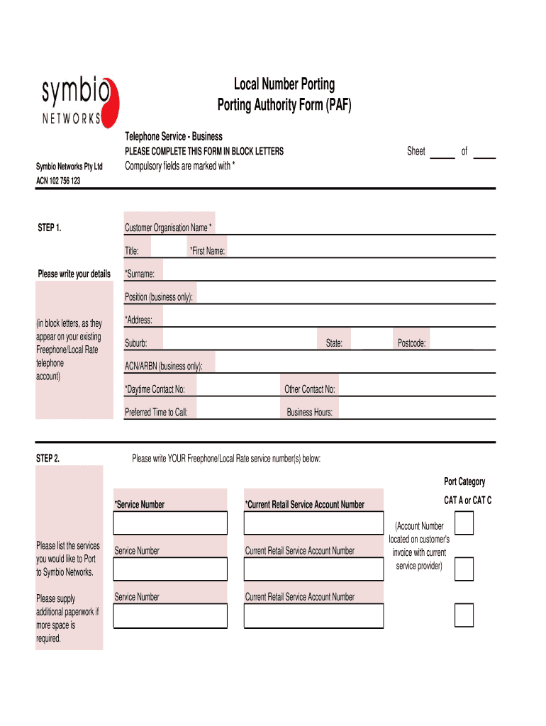 Fillable Online Local Number Porting Porting Authority Form (PAF) Fax ...