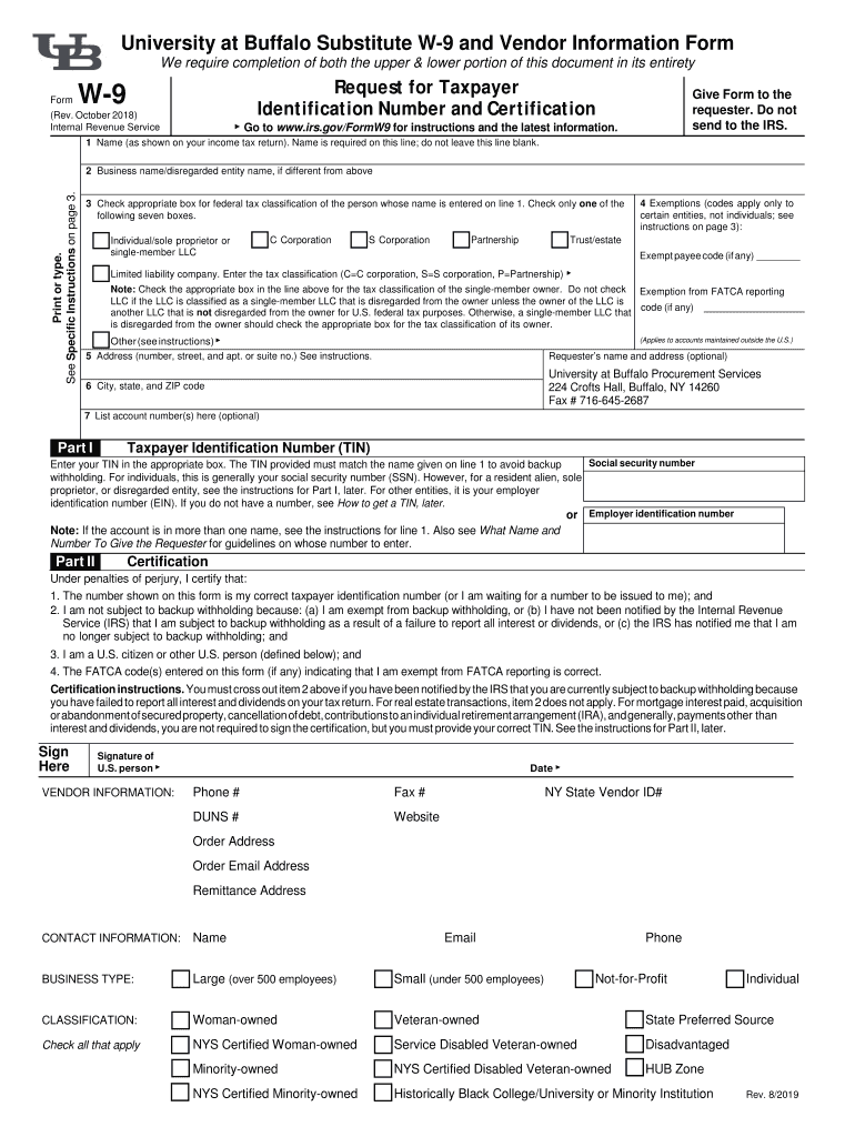 Fillable Online University at Buffalo Substitute W-9 and Vendor Information Form. Request for ...