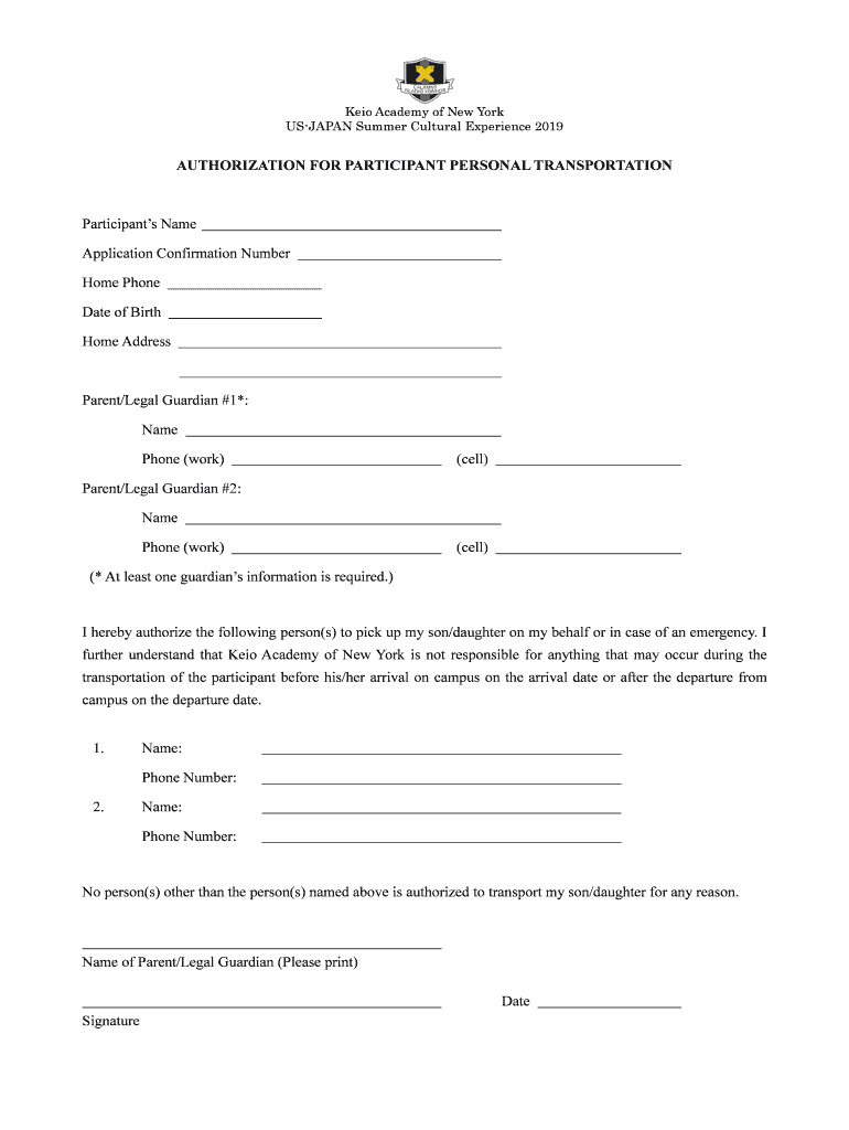 Fillable Online Authorization for Personal Transportation Form - Keio ...