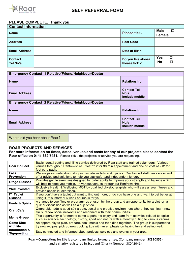 Fillable Online SELF REFERRAL FORM - roarforlife.org Fax Email Print - pdfFiller