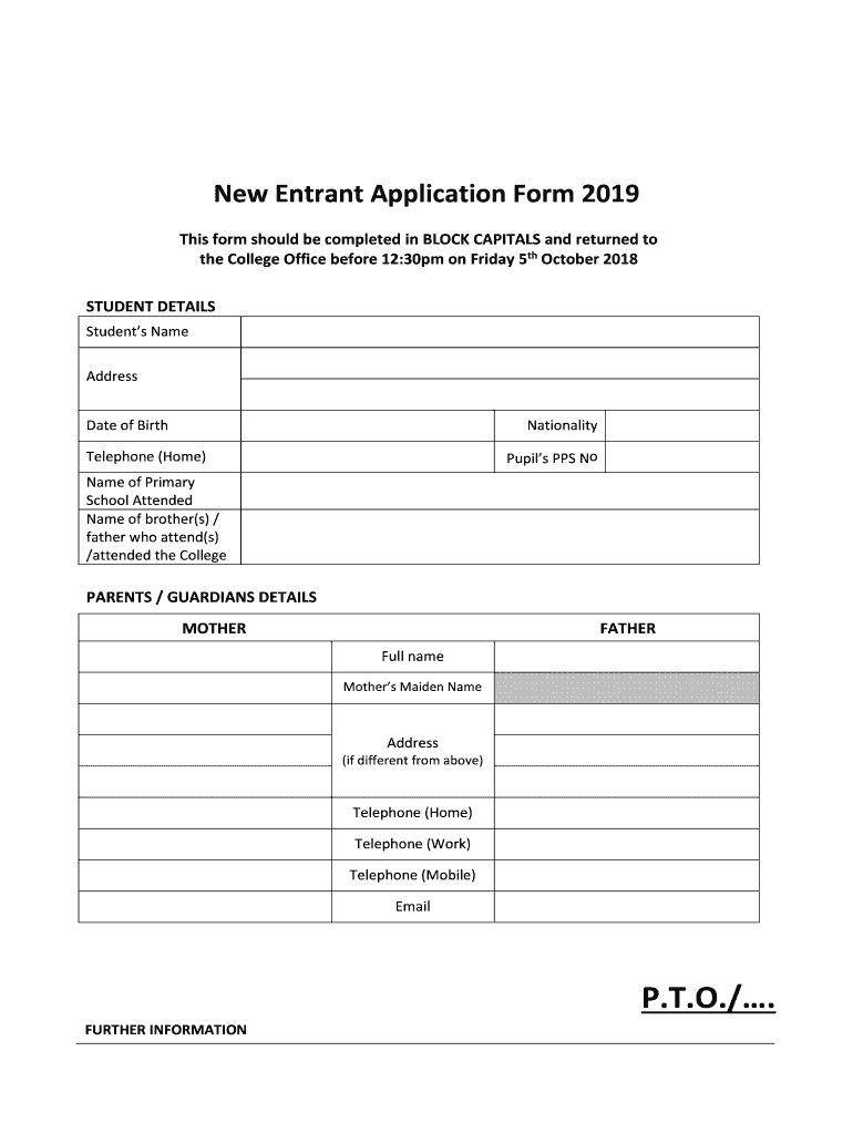 Fillable Online New Entrant Application Form 2019 - stpaulscollege.ie Fax Email Print - pdfFiller