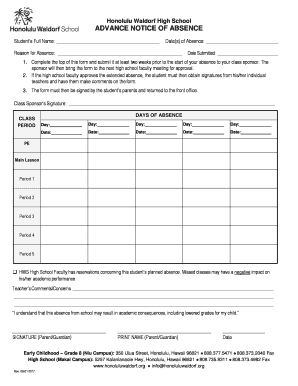 Fillable Online advance notice of absence - Honolulu Waldorf School Fax ...