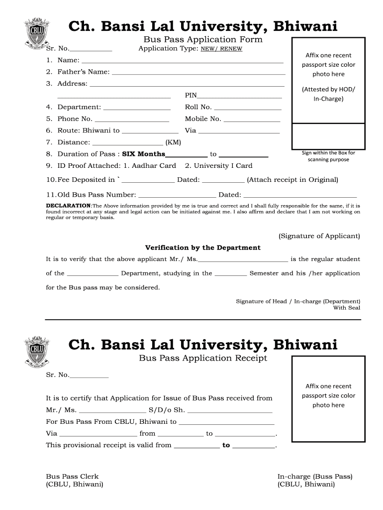 Ch. Bansi Lal University Bus Pass Application - Fill Online, Printable, Fillable, Blank | pdfFiller