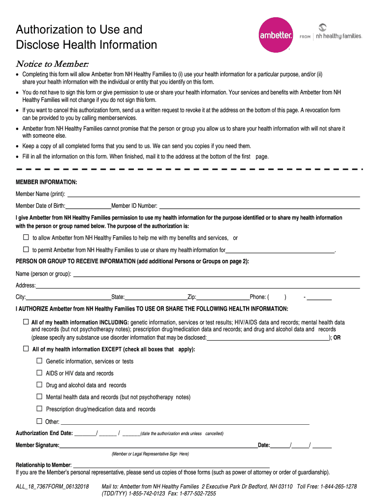 Fillable Online Ambetter Authorization to Disclose Health Information ...