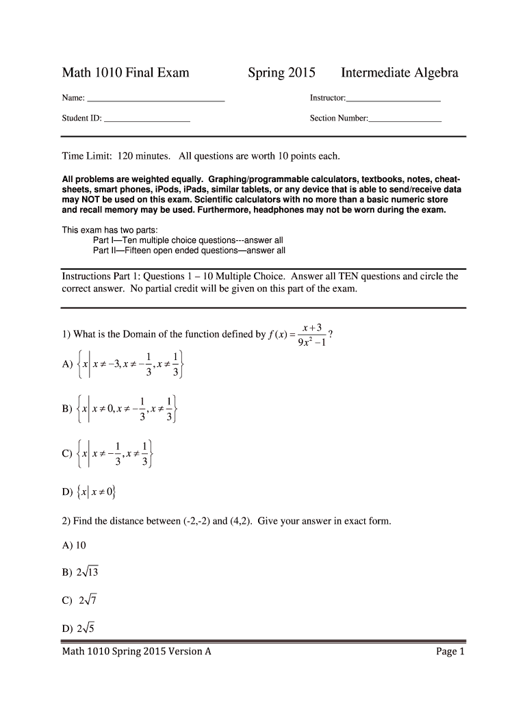 Fillable Online MATH 1010 Final Exam - Utah Math Department ...