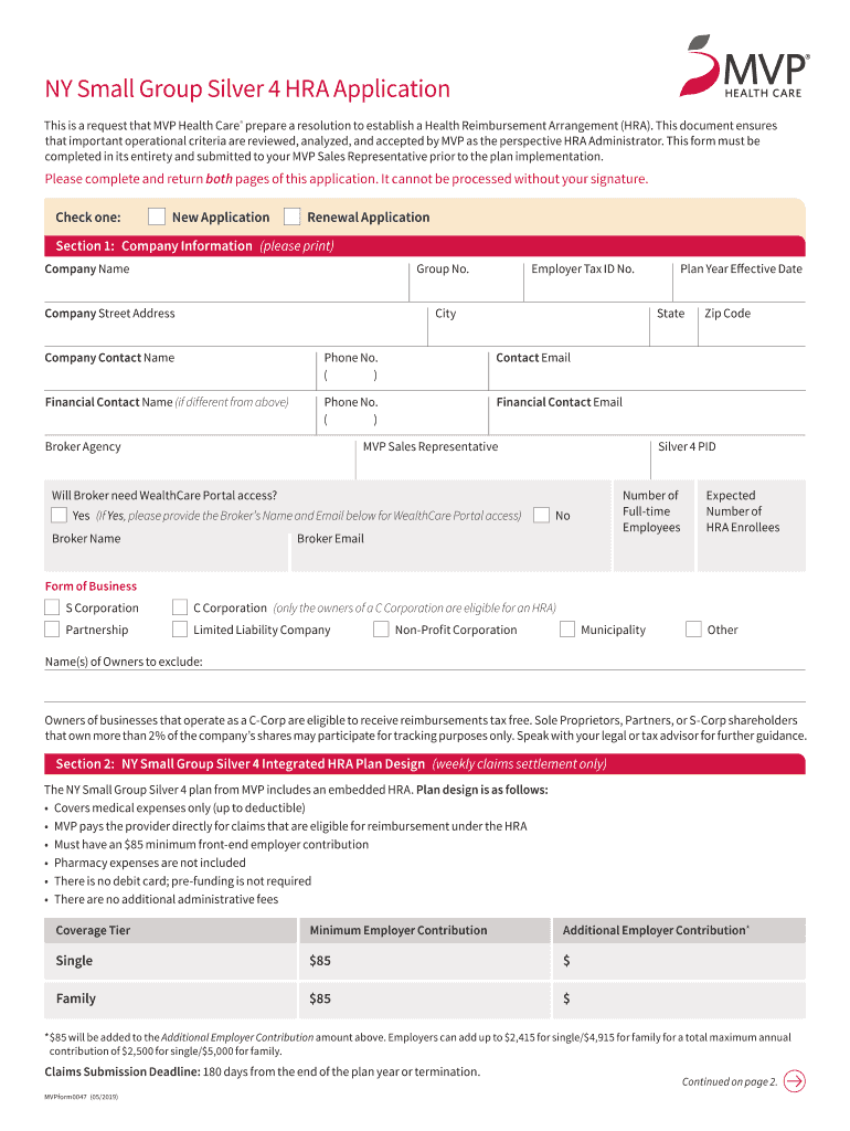Fillable Online NY Small Group Silver 4 HRA Application Fax Email Print ...