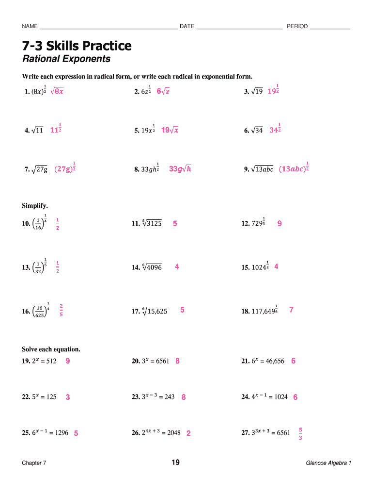 7 3 Skills Practice Rational Exponents - Fill Online, Printable ...