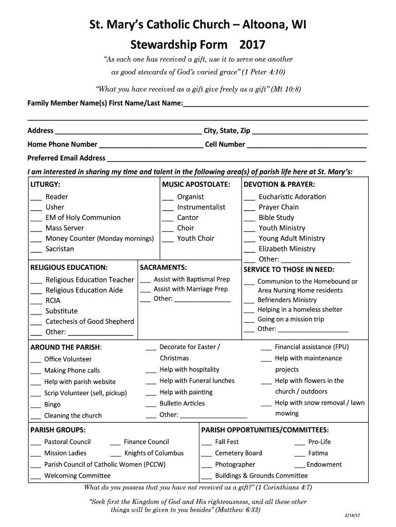 Fillable Online Altoona, WI Stewardship Form 2017 - St. Mary's Catholic ...
