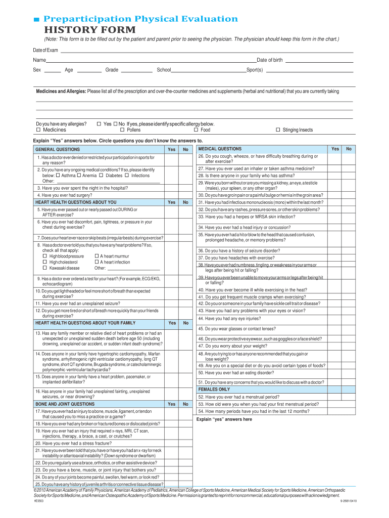 Fillable Online CGCC Pre-participation Physical Evaluation HISTORY FORM ...