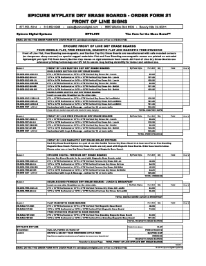 Fillable Online EPICURE MYPLATE DRY ERASE BOARDS - ORDER FORM #1 FRONT ...
