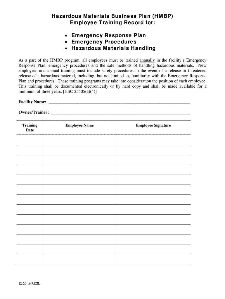Hazardous Materials Business Plan Employee Training Record - Blank ...