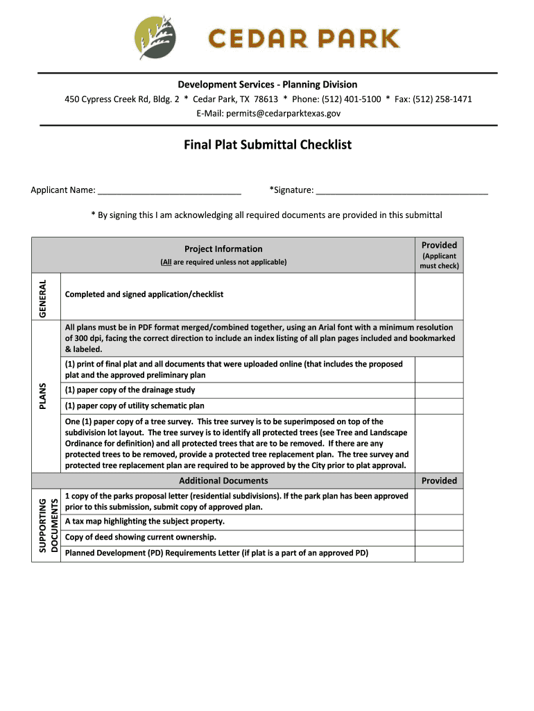 Fillable Online Final Plat Submittal Checklist - Cedar Park, Texas Fax ...