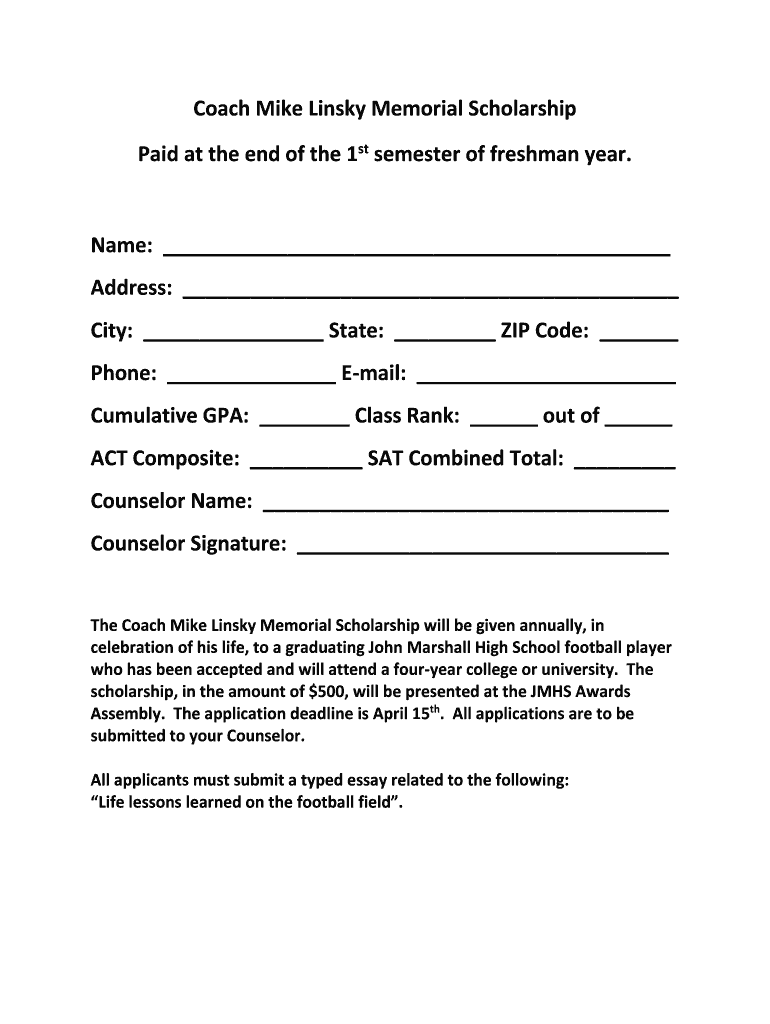 Fillable Online jmhs mars k12 wv Coach Mike Linsky Memorial Scholarship ...