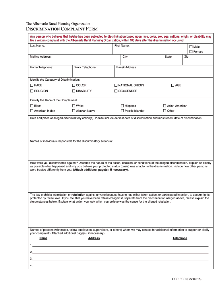 Fillable Online Title VI Discrimination Complaint form - Albemarle Commission Fax Email Print ...