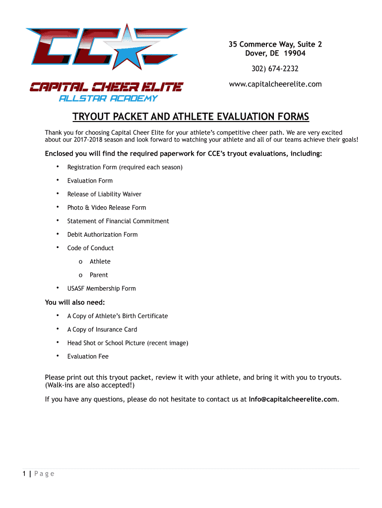 Fillable Online TRYOUT PACKET AND ATHLETE EVALUATION FORMS Fax Email ...