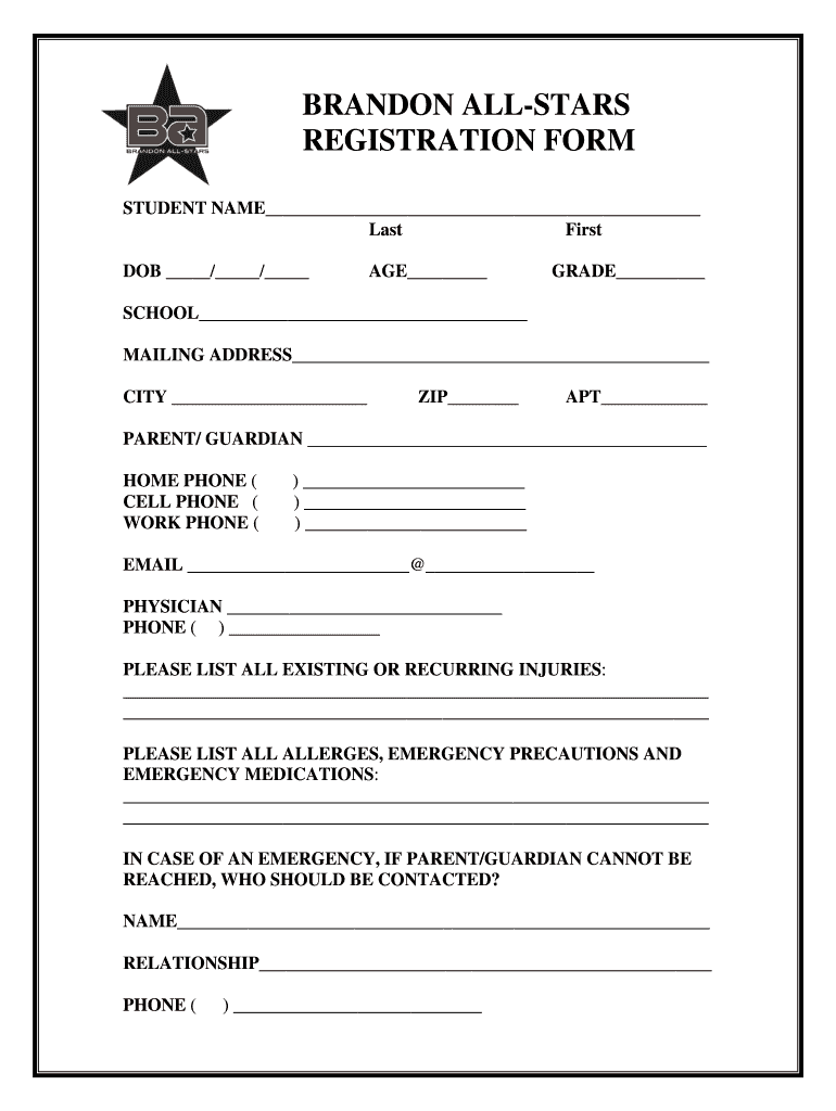 Fillable Online BRANDON ALL-STARS REGISTRATION FORM Fax Email Print ...