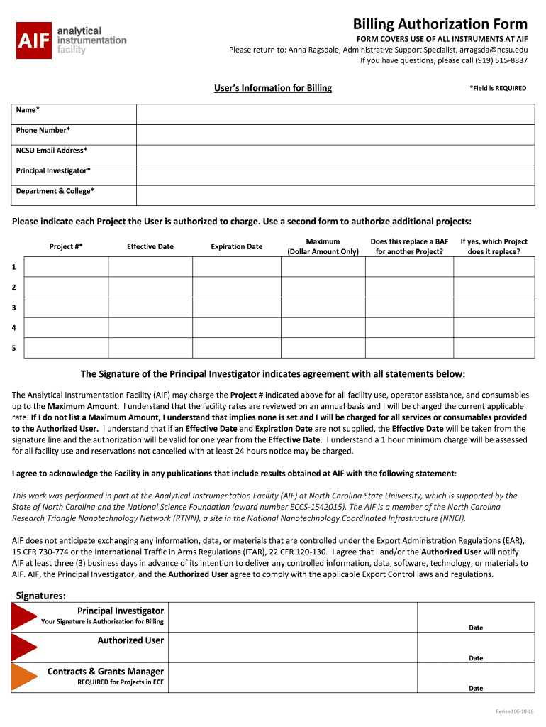 Fillable Online Billing Authorization Form - aif.ncsu.edu Fax Email Print - pdfFiller