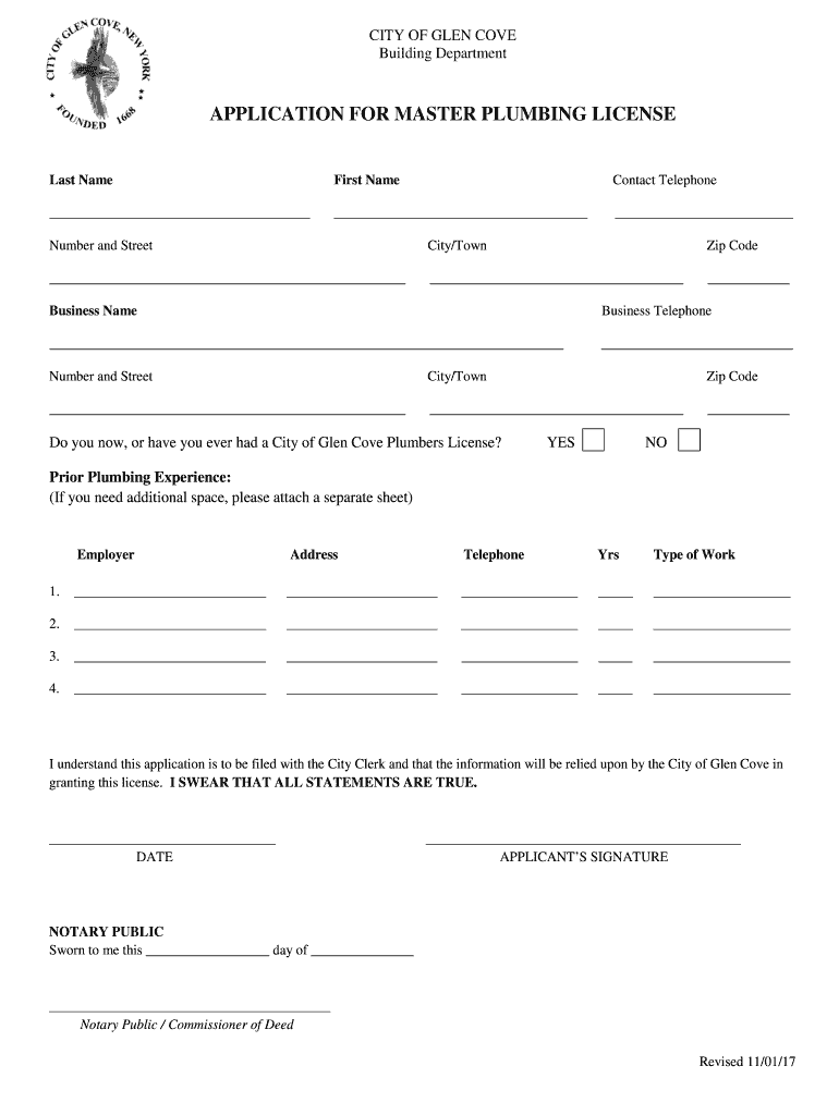 Fillable Online APPLICATION FOR MASTER PLUMBING LICENSE - glencove-li ...