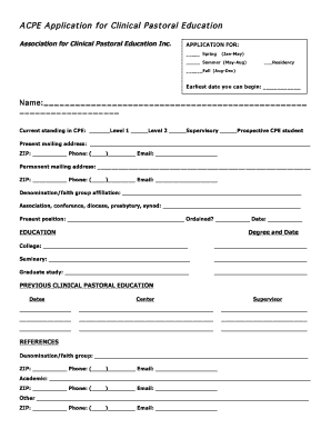 Fillable Online Application for ACPE Clinical Pastoral Education - UNC ...