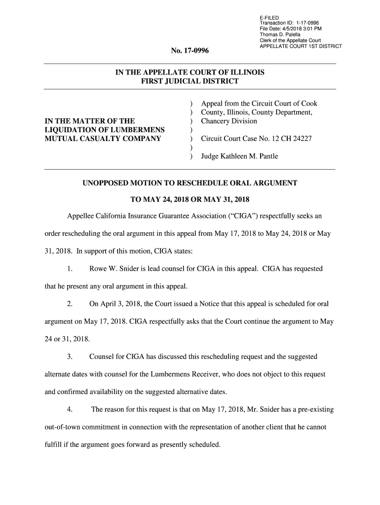 Fillable Online CIGA's Unopposed Motion To Reschedule Oral Argument Fax ...