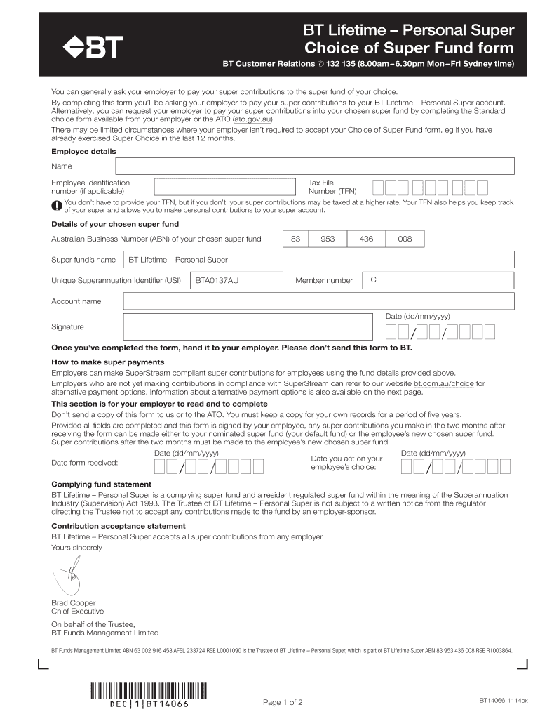 Fillable Online BT Lifetime Personal Super Choice of Super Fund form ...
