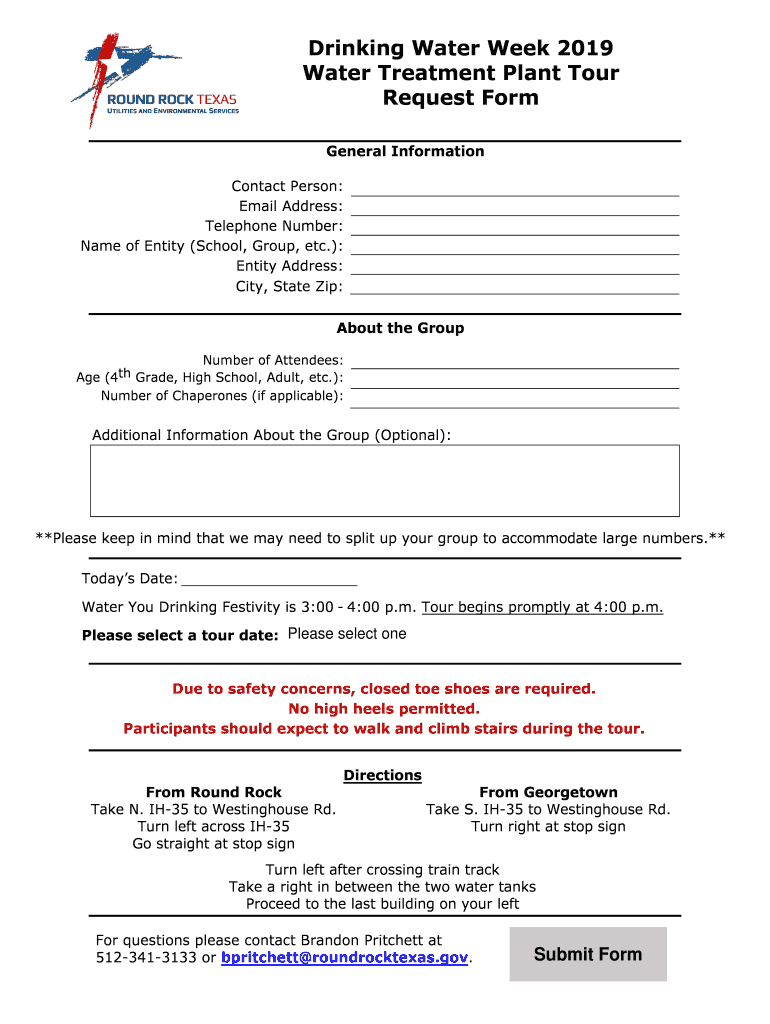 Fillable Online Drinking Water Week 2019 Water Treatment Plant Tour ...