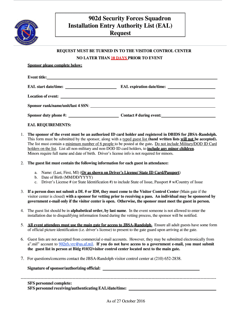 Fillable Online EAL 902 SFS Request Form Special Events 5 Feb 15 Fax ...
