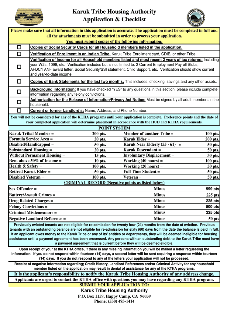 Fillable Online Karuk Tribe Housing Authority Application & Checklist ...