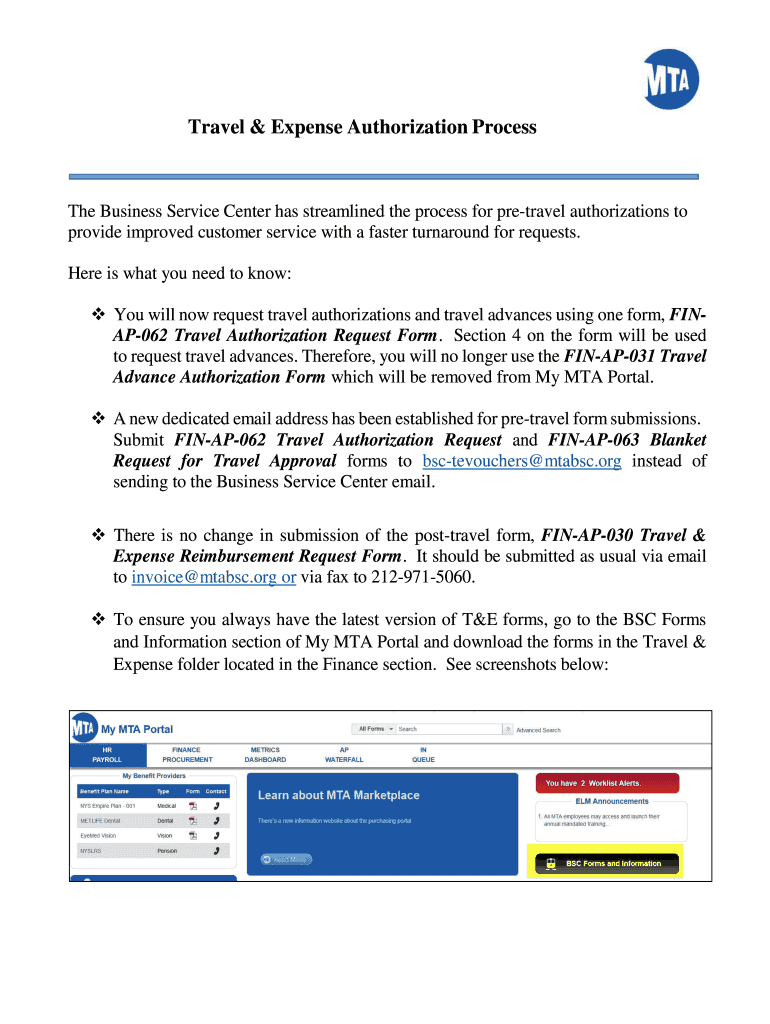 Fillable Online Travel & Expense Authorization Process - My MTA Portal Fax Email Print - pdfFiller