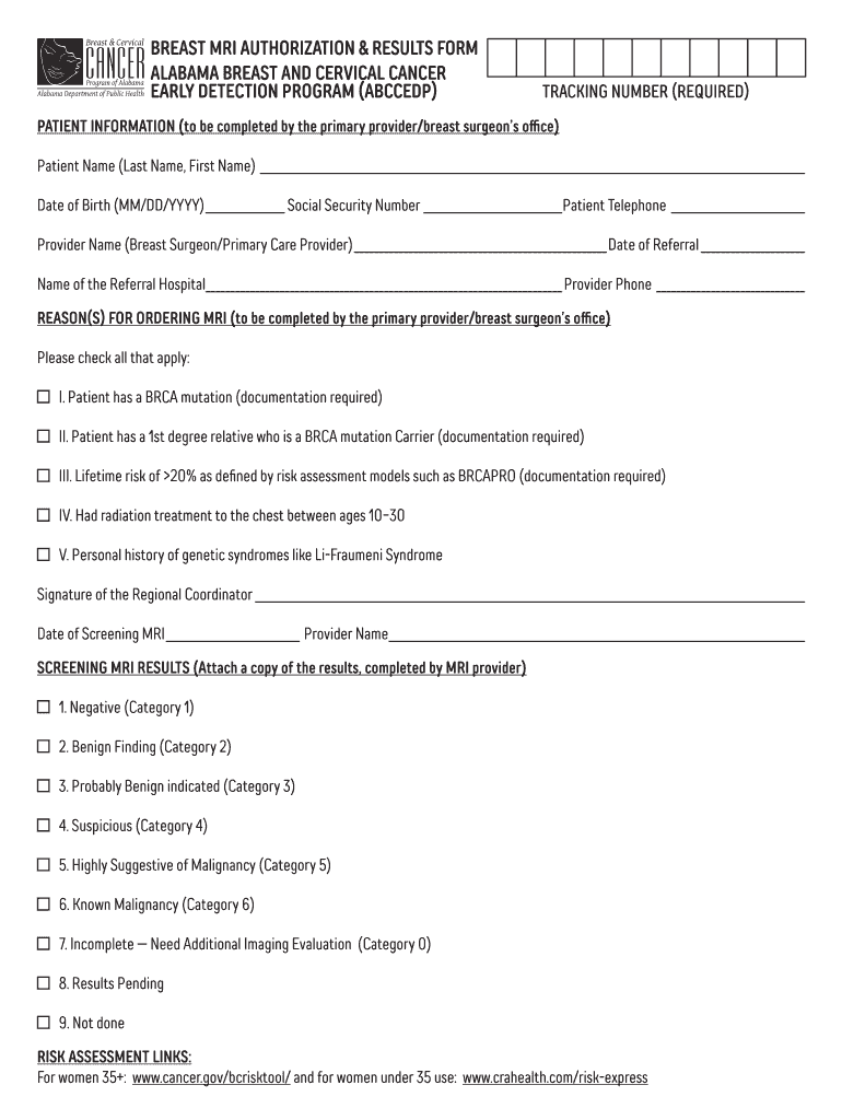Fillable Online breast mri authorization & results form alabama breast and ... Fax Email Print ...