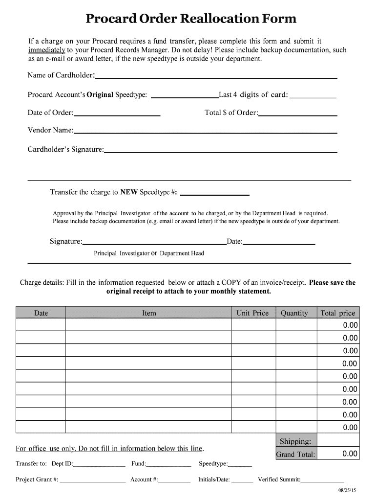 Fillable Online use the Procard Order Reallocation Form Fax Email Print ...
