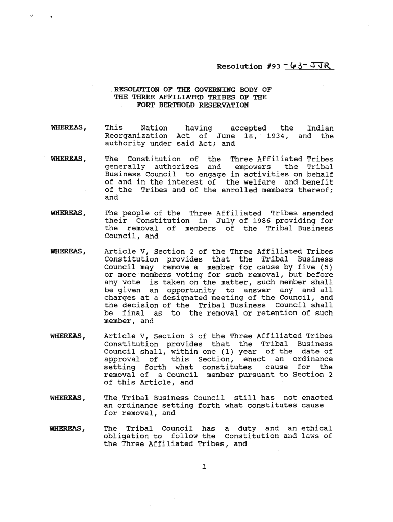 Fillable Online RESOLUTION OF THE GOVERNING BODY OF ... - MHA Nation ...