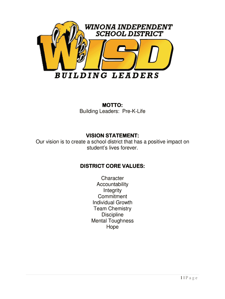 Fillable Online MOTTO: VISION STATEMENT: DISTRICT CORE VALUES Fax Email ...