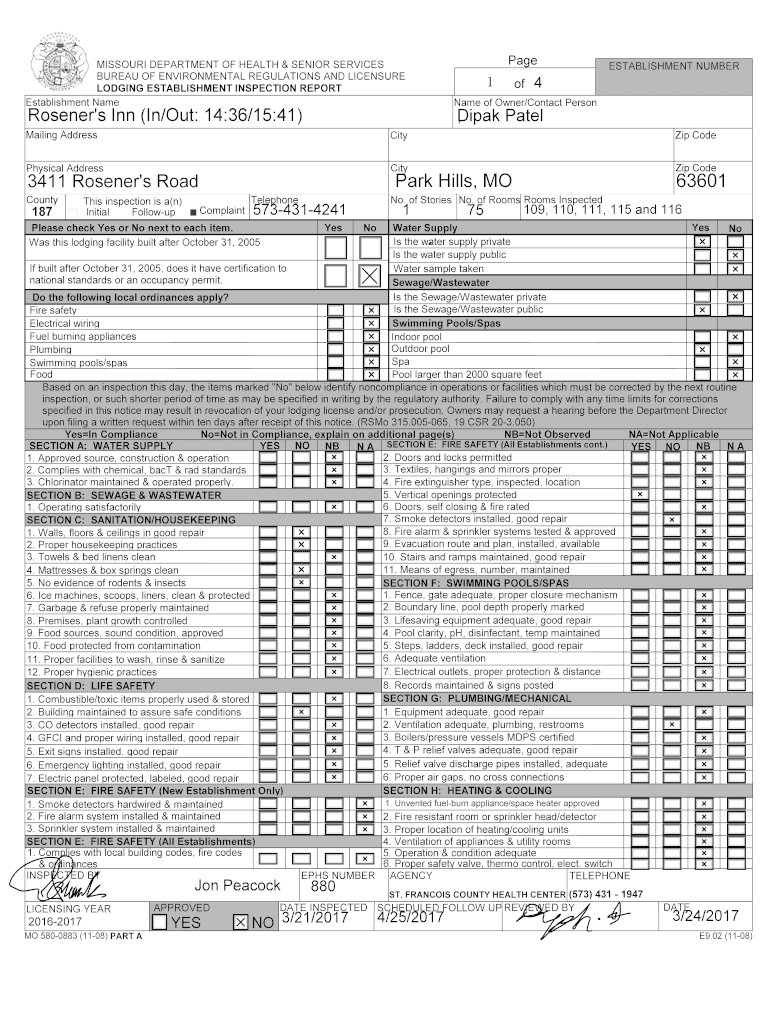 Fillable Online LODGING ESTABLISHMENT INSPECTION REPORT Rosener's Inn ...